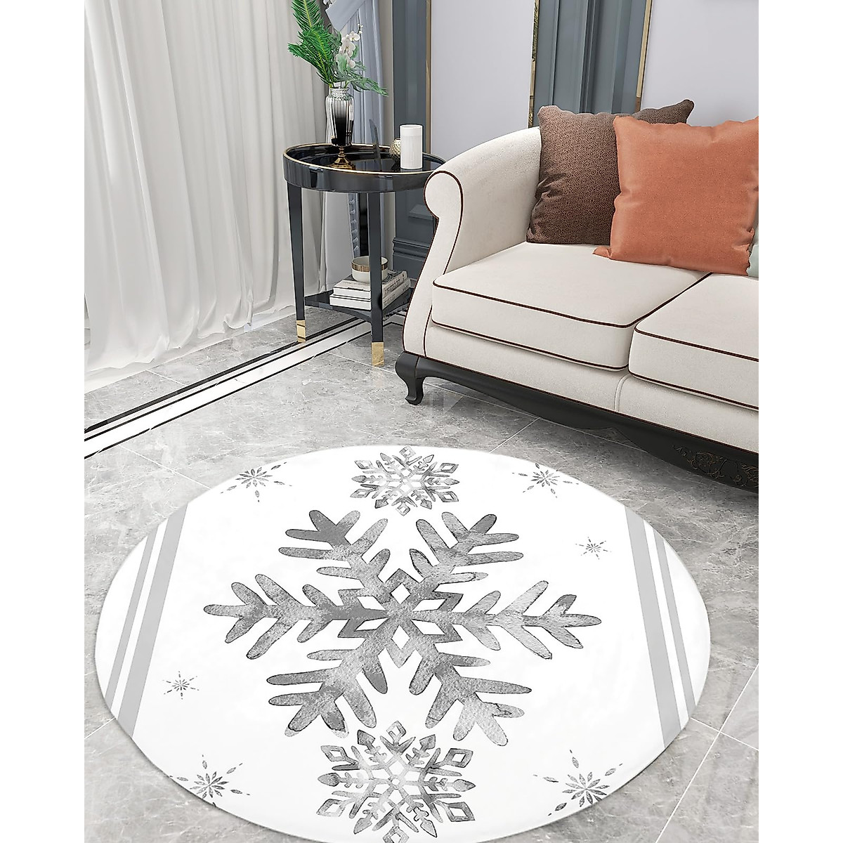 Grey Snowflake Fluffy Round Area Rug Carpets 5ft, Plush Shaggy Carpet Soft Circular Rugs, Non-Slip Fuzzy Accent Floor Mat for Living Room Bedroom Nursery Home Decor Winter Christmas Stripes Holiday