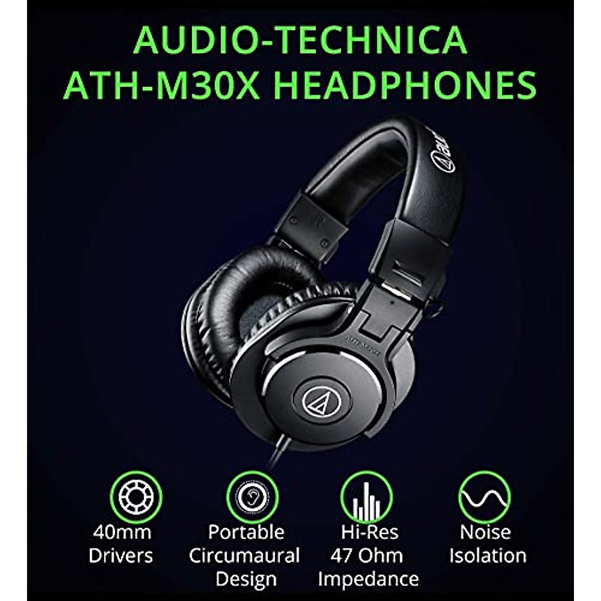 Audio-Technica ATH-M30x Professional Studio Monitor Headphones for Studio Tracking and Mixing (Black) Bundle with Blucoil 4-Channel Headphone Amplifier, and 6-FT Headphone Extension Cable (3.5mm)