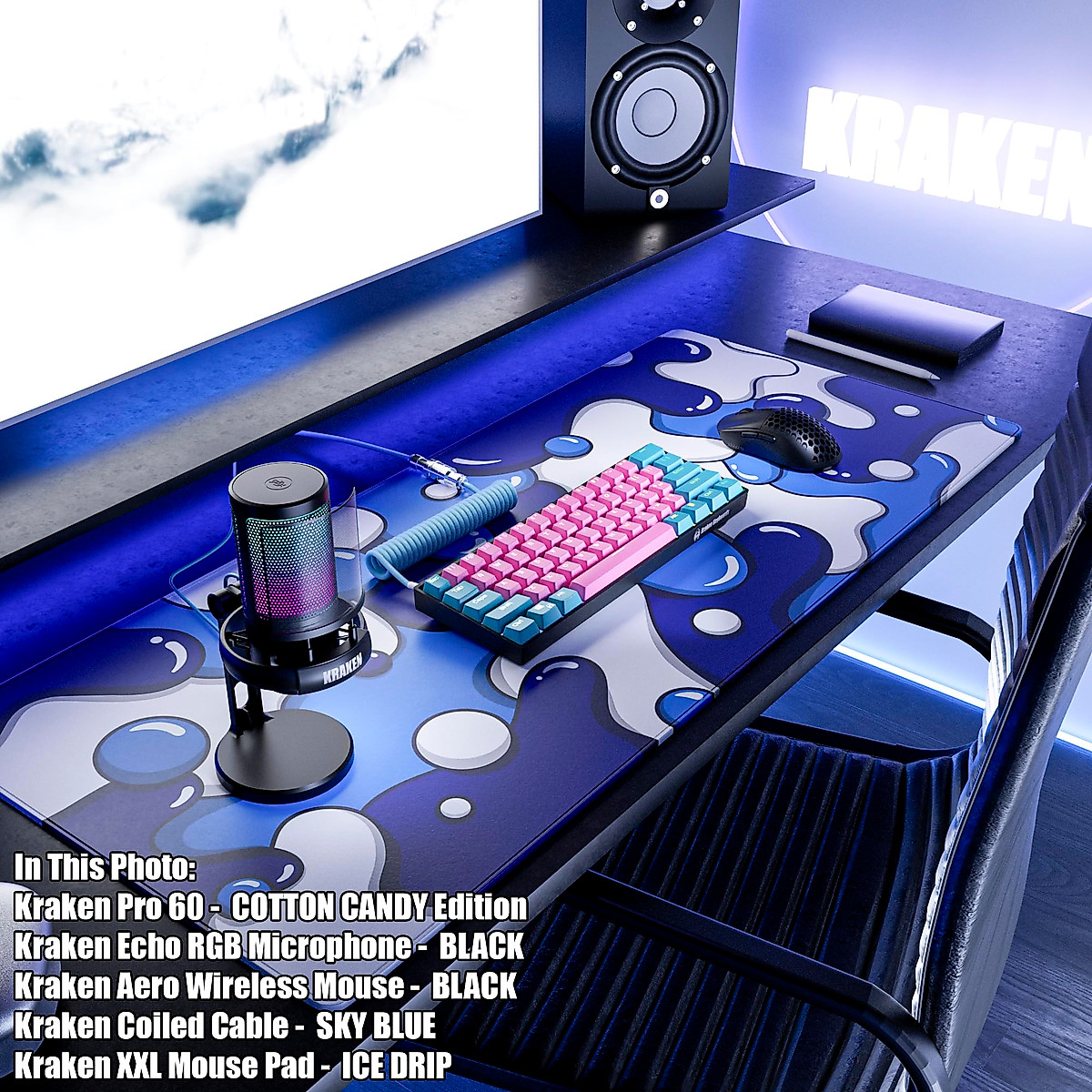 KRAKEN KEYBOARDS Pro 60 Percent Keyboard 60% Gaming Keyboard Mechanical - Blue & Pink - HOT SWAPPABLE - for Gaming On PC, Xbox, PlayStation & MAC (Cotton Candy | Silver Switches)