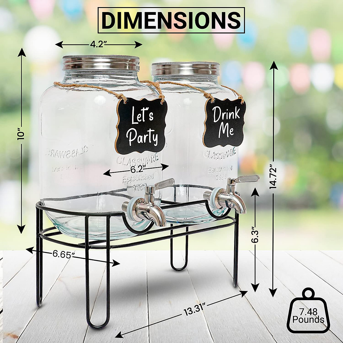 CHENE DE SAINT MARS Glass Drinks Dispenser with Metal Stand, Drinks Dispenser for Parties, Water Jug Dispenser, Water Dispenser Countertop, Beverage Dispenser with Stand, Lemonade Stand for Kids,