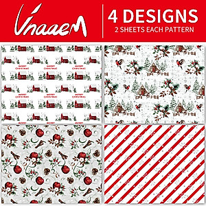 Vnaaem White Christmas Wrapping Paper Red Stripe Snowy Scene House Holiday Style Gift Wrap Paper Bulk for Winter Xmas Birthday Party - 20 X 28 Inches 8 Folded Sheets