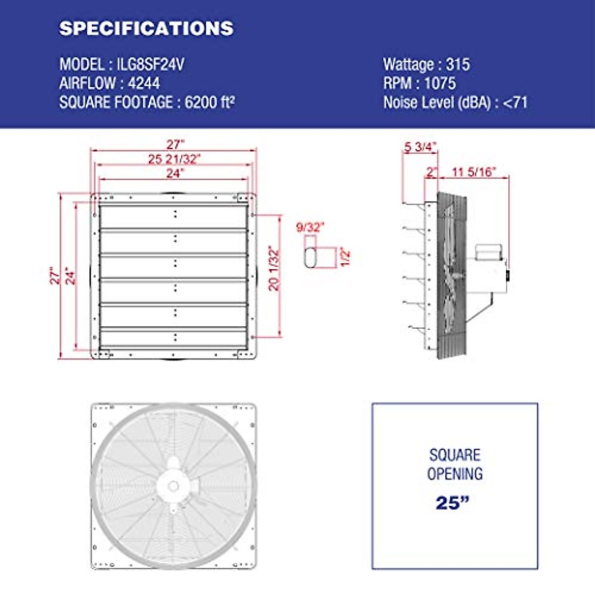 iLiving - 24" Wall Mounted Exhaust Fan - Automatic Shutter - Variable Speed - Vent Fan For Home Attic, Shed, or Garage Ventilation, 4244 CFM, 6200 SQF Coverage Area (Power Cord Not Included)
