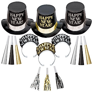 amscan Midnight Elegance Black, Gold and Silver 2025 New Year's Eve Party Decorations Supplies for 10, Includes Top Hats and Tiaras