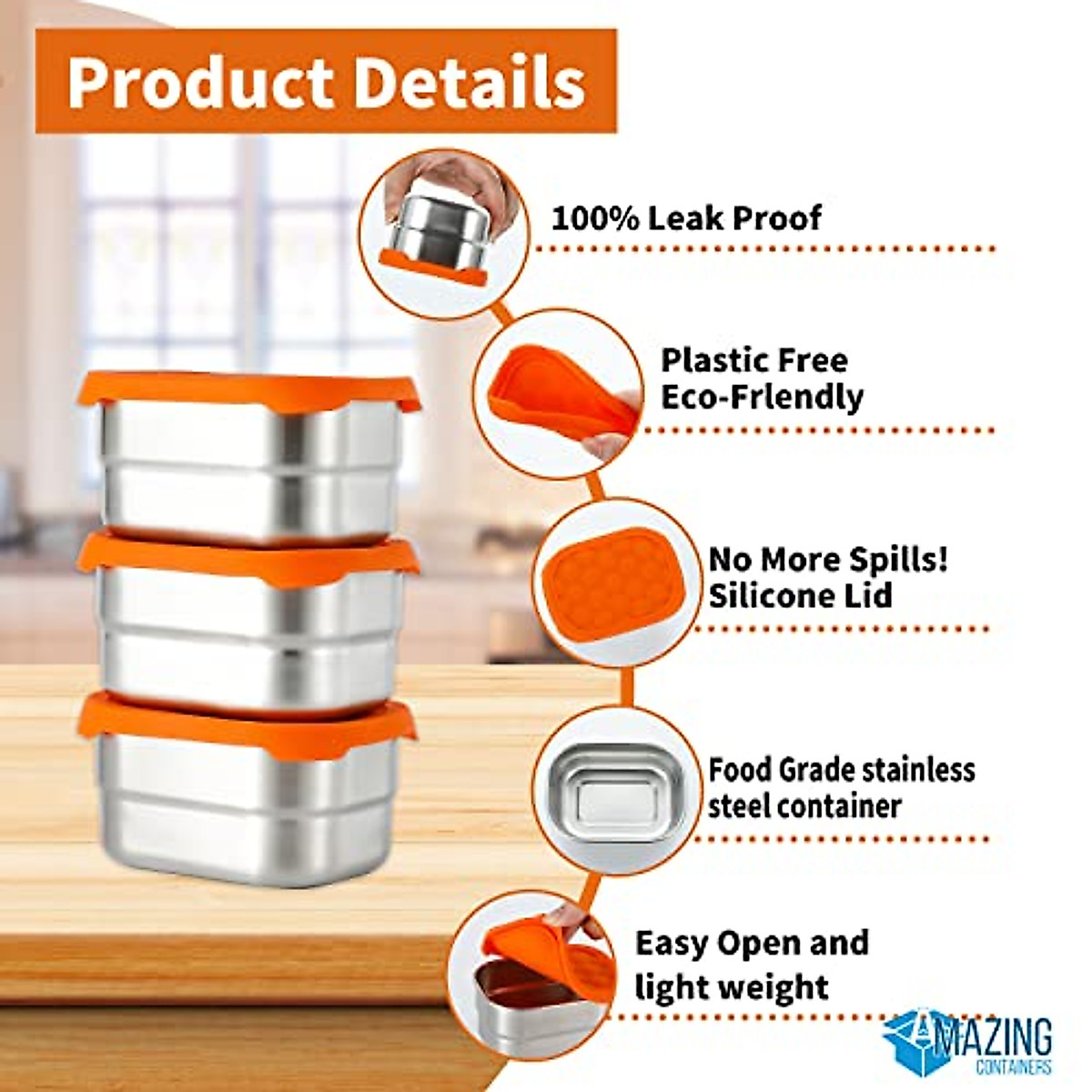 Amazing Containers| Set of 3 Stainless Steel Containers with Silicon Lids | condiments containers |On the go fruits and Snack Containers for Toddlers and Kids | Leakproof BPA Free | 8 oz (1 cup) each