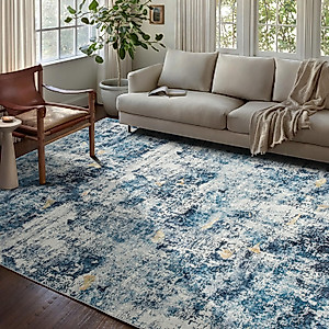 nusoarug 5x7 Modern Thick Pile Area Rug Machine Washable, 5' x 7' Carpet Abstract Non-Slip Area Rugs with Rubber Backing for Bedroom Kitchen Entryway Living Room Bathroom, Blue Rug