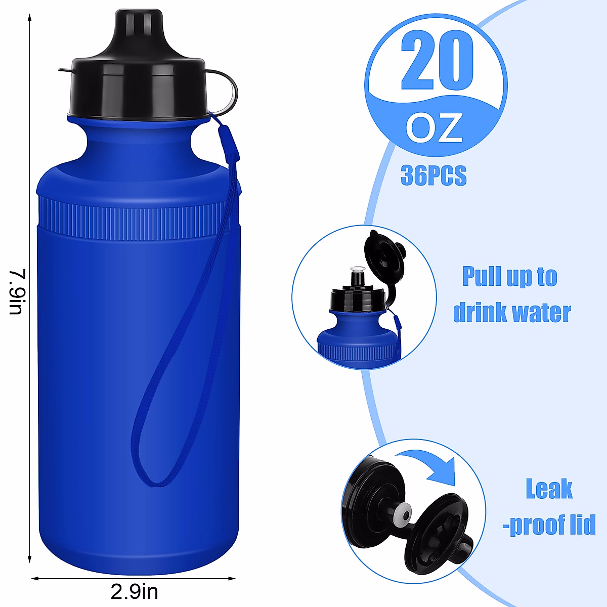 Zubebe 36 Pcs Sports Water Bottles Bulk Bpa-free 20 oz Squeeze Plastic Water Bottle with Nylon Strap Blank DIY Sport Cups for School Team Party Favor Gift Outdoor Football Sport(Blue)