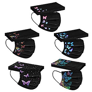 50Pcs Black Disposable Face_mask with Designs for Women Men Adults Cute Colorful Butterfly Printed Paper Face_mask