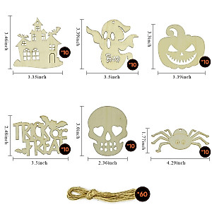 Hidreas 60Pcs Halloween Crafts Unfinished Wooden Ornaments Halloween Craft Kit DIY Wood Cutouts with 60 Pcs Twine Ropes Halloween Crafts for Kids