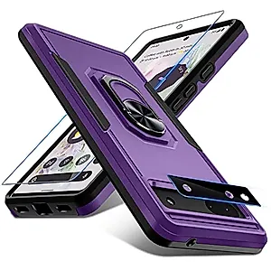 Google Pixel 6a 5G Case with Screen Protector + Camera Lens Protector,Heavy Duty Shockproof Full Body Protective Phone Cover,Built in Rotatable Magnetic Ring Holder Kickstand,2022 Lavender