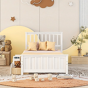 Harper & Bright Designs Twin Bed Frame with Storage, Solid Wood Platform Bed Frame with 2 Drawers, Headboard for Kids, Teen, Adults, No Box Spring Needed, White