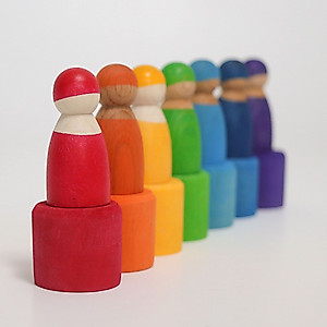 Grimm's Seven Friends in 7 Bowls: Set of Wooden Sorting & Matching Rainbow Peg Dolls with Little Cups and Tray