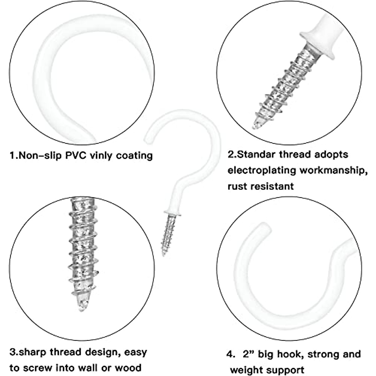 QEZEZA 10 Packs of Vinyl Coated Ceiling Hooks, Plant Hooks, Kitchen Hooks, Hanging Hooks, Kitchen Hooks for Indoor and Outdoor use, 2.9-inch Silver Spiral Hooks, (White)