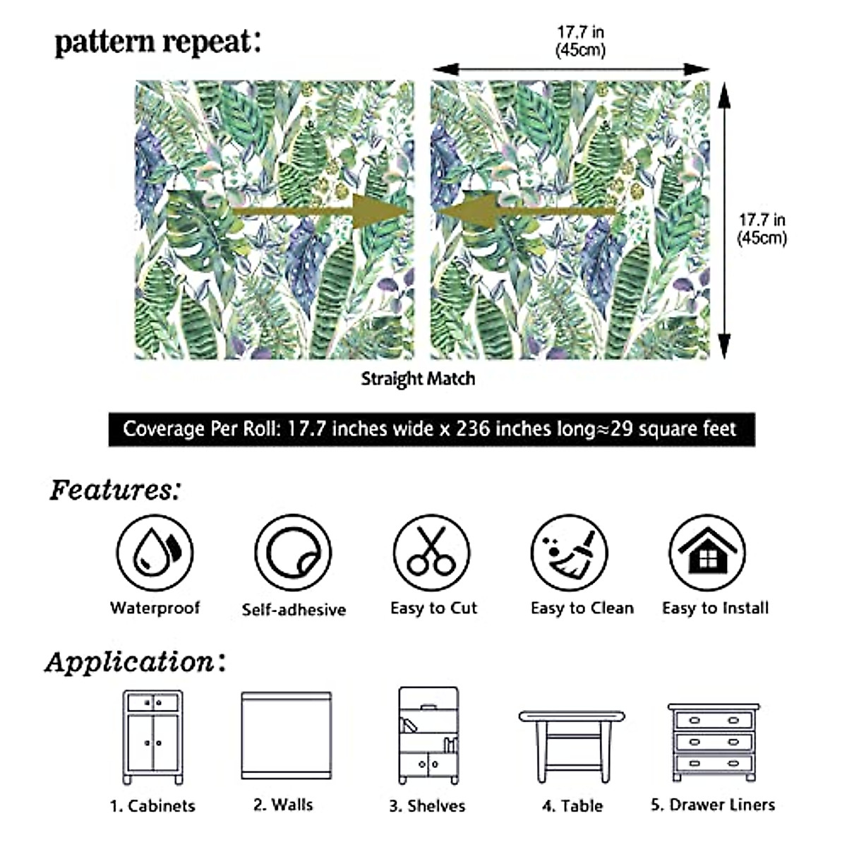 CHIHUT Green Leaf Wallpaper Peel and Stick Tropical Palm Leaf Wallpaper Self Adhesive Removable Greenery Wallpaper Botanical Contact Paper for Cabinets Walls Shelf Liner 17.7”x236” Vinyl Film