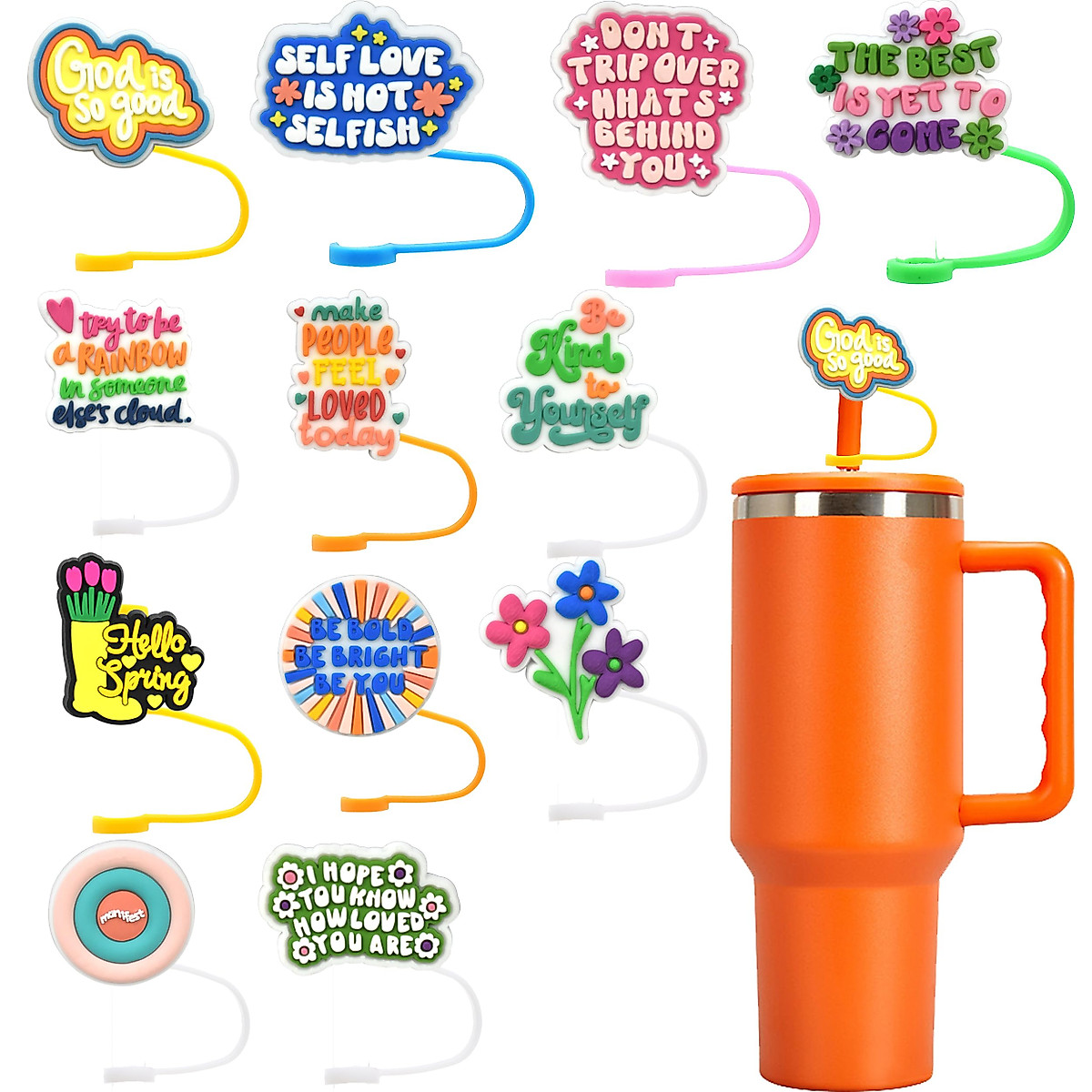 12pcs Straw Cover Cap,Reusable Drinking Straw Toppers,10mm Straw Covers for Stanley Cup 30&40 Oz Tumbler Straw Accessories Splash Straw Protector Portable Dust Straw Caps Decoration (Love Myself)