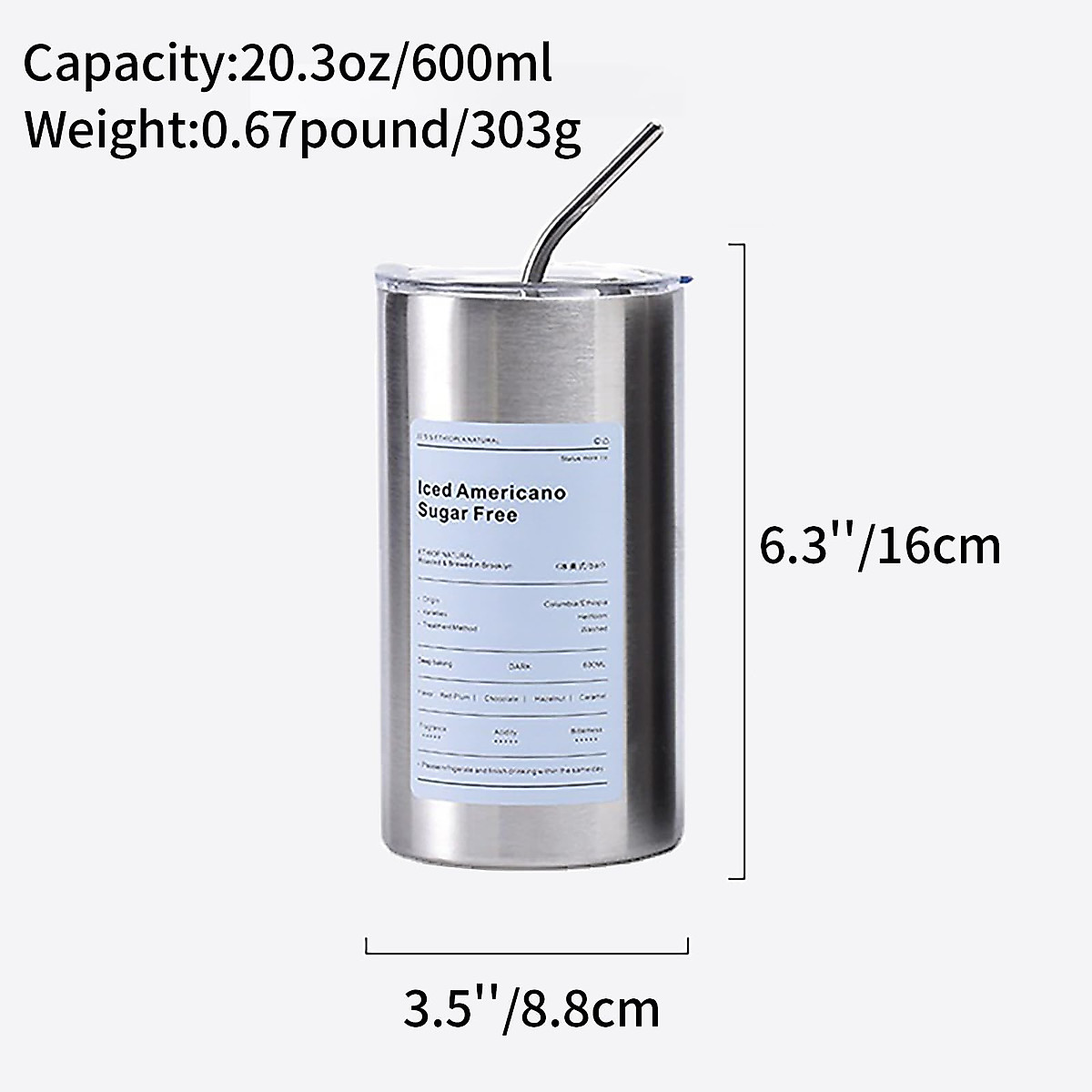 20OZ insulation and cooling ice cream cup, simple office portable car straw water cup, vacuum double-layer coffee cup, 304 stainless steel cold and hot drink travel cup (Silvery)