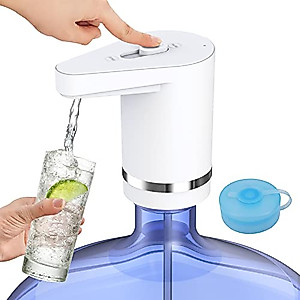 Water Bottle Pump Dispenser 5 Gallon, Manual Straight Plug Button, Automatic Drinking Water Pump, USB Charging with jug Cap, White