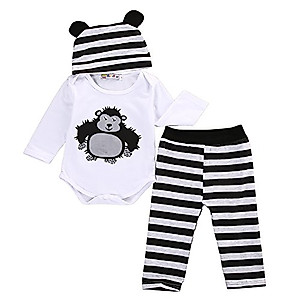 3pcs Cute Infant Baby Boys Girls Animal Long Sleeve Romper Tops+ Pants+ Hat Outfits Set (0-6 Months, Gorilla)