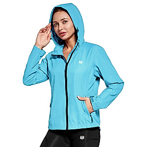 FitsT4 Sports Women's Cycling Running Jackets Lightweight Windproof Bike Windbreaker Reflective with Hood Light Blue Size XL