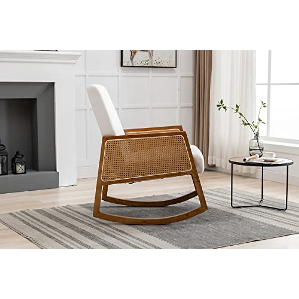 Lamerge Rattan Rocking Chair, Wooden Rocker Glider, Linen Upholstered Nursery Rocking Chair, Rattan Accent High Backrest Comfortable Glier Chair for Living Room, Bedroom, Nursery, Beige