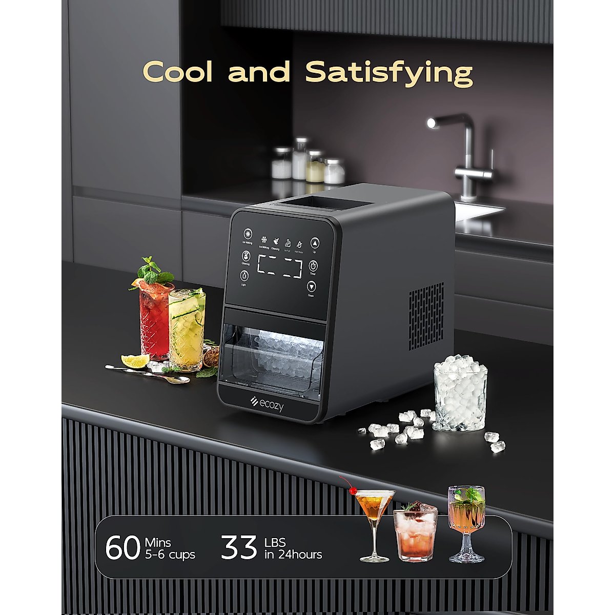 ecozy Nugget Ice Maker Countertop, Intuitive Ergonomic EcoScreen with One-Touch Timer, 33Lbs/24H Pebble Ice Maker Machine, Pull-Out Ice Basket with 3Lbs Storage, Self-Cleaning for Drinks & Cocktails