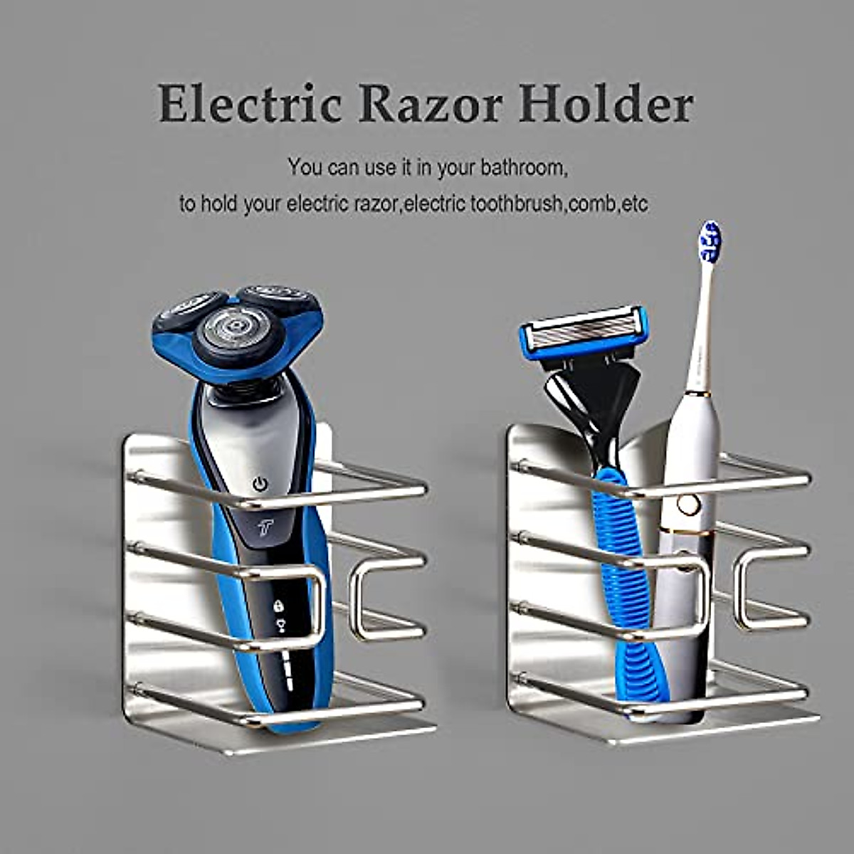 Electric Razor Holder Wall Mounted,Toothbrush Holder,with Shaver Hook Hanger 2 Pack,Stainless Steel Self Adhesive Shower Storage Razor Shelves and Hooks,Razor Shaver Accessory Organizer for Bathroom