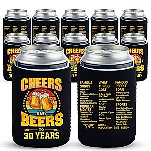 30th Birthday Party Beverage Can Cooler Sleeves, Cheers to 30 Years with Old Time Informations, Happy 30th Birthday Decorations for Men Women, 30th Birthday Party Supplies, Vintage - 12 Pcs