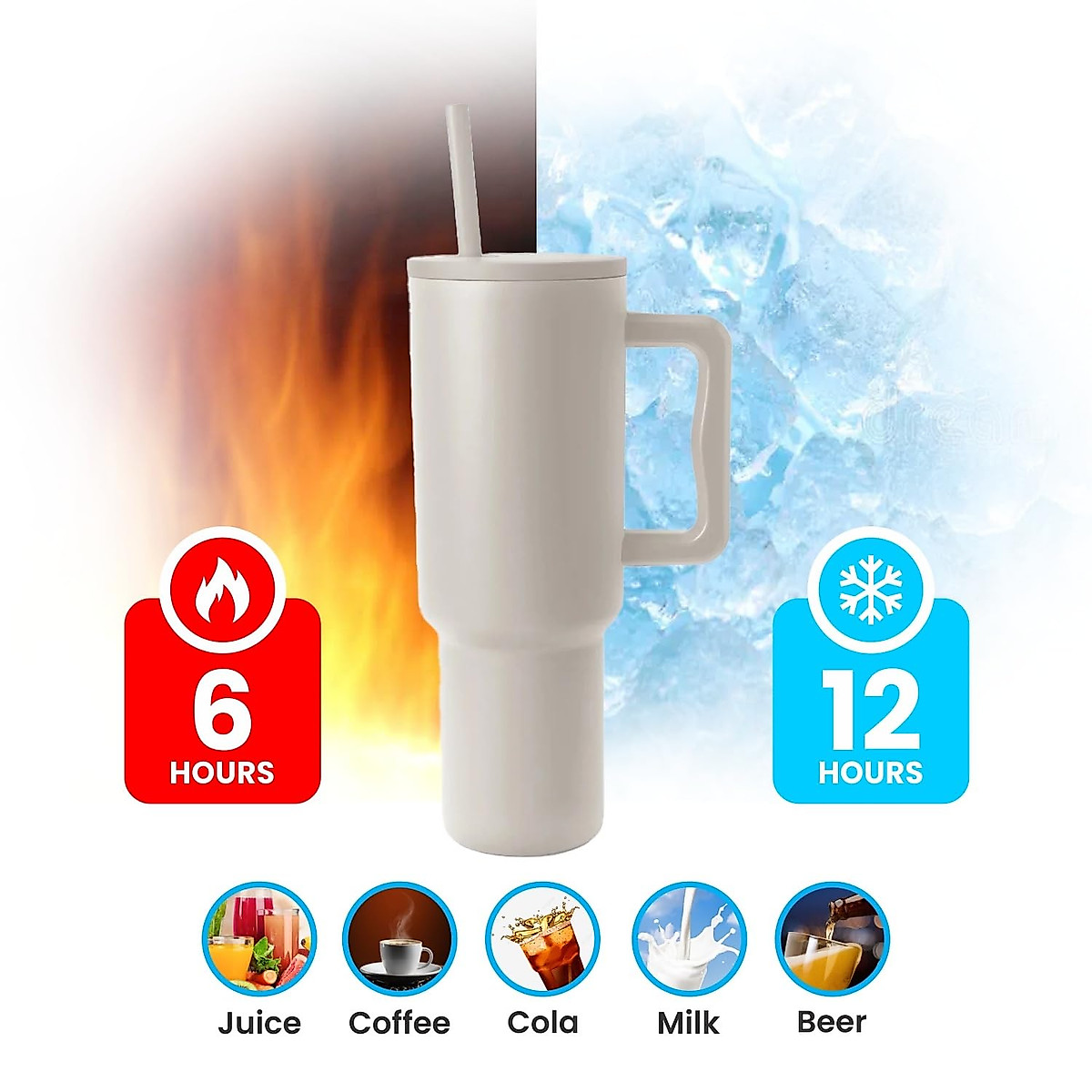 Tumbler with handle and straw | Stainless Steel Insulated Tumbler With Handle and Straw | Premium Insulated Tumbler with Handle and Straw (cream)