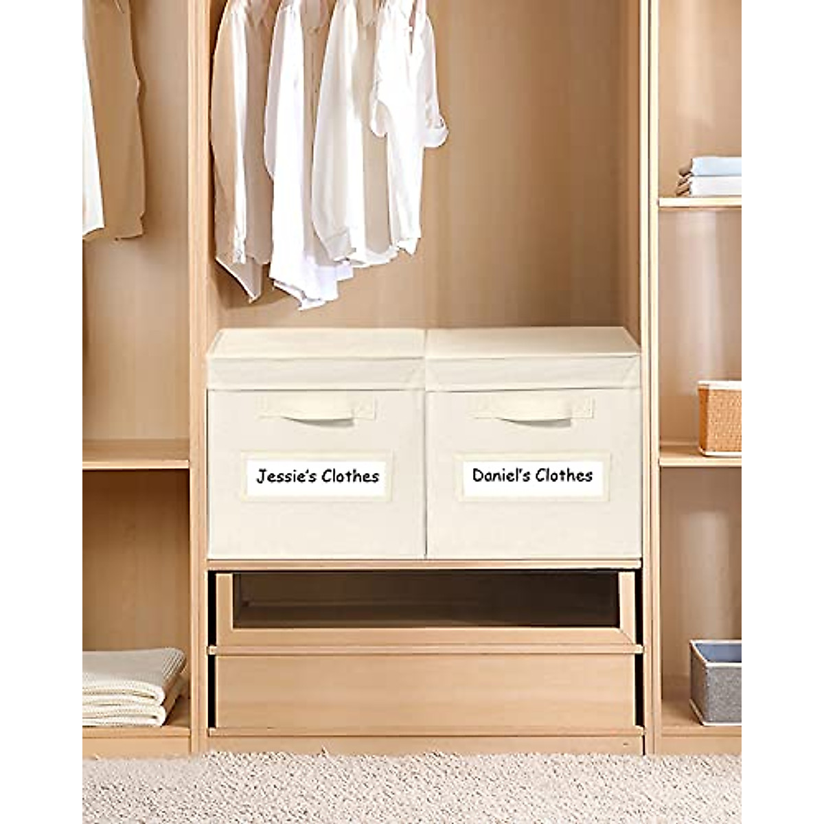 Collapsible Storage Containers Cubes 3pcs Fabric Cube Storage Bins with Lids for Organizing Shelves Home Bedroom Closet Office,Storage Boxes Baskets Organizer with Label & Pen,Large (Beige)