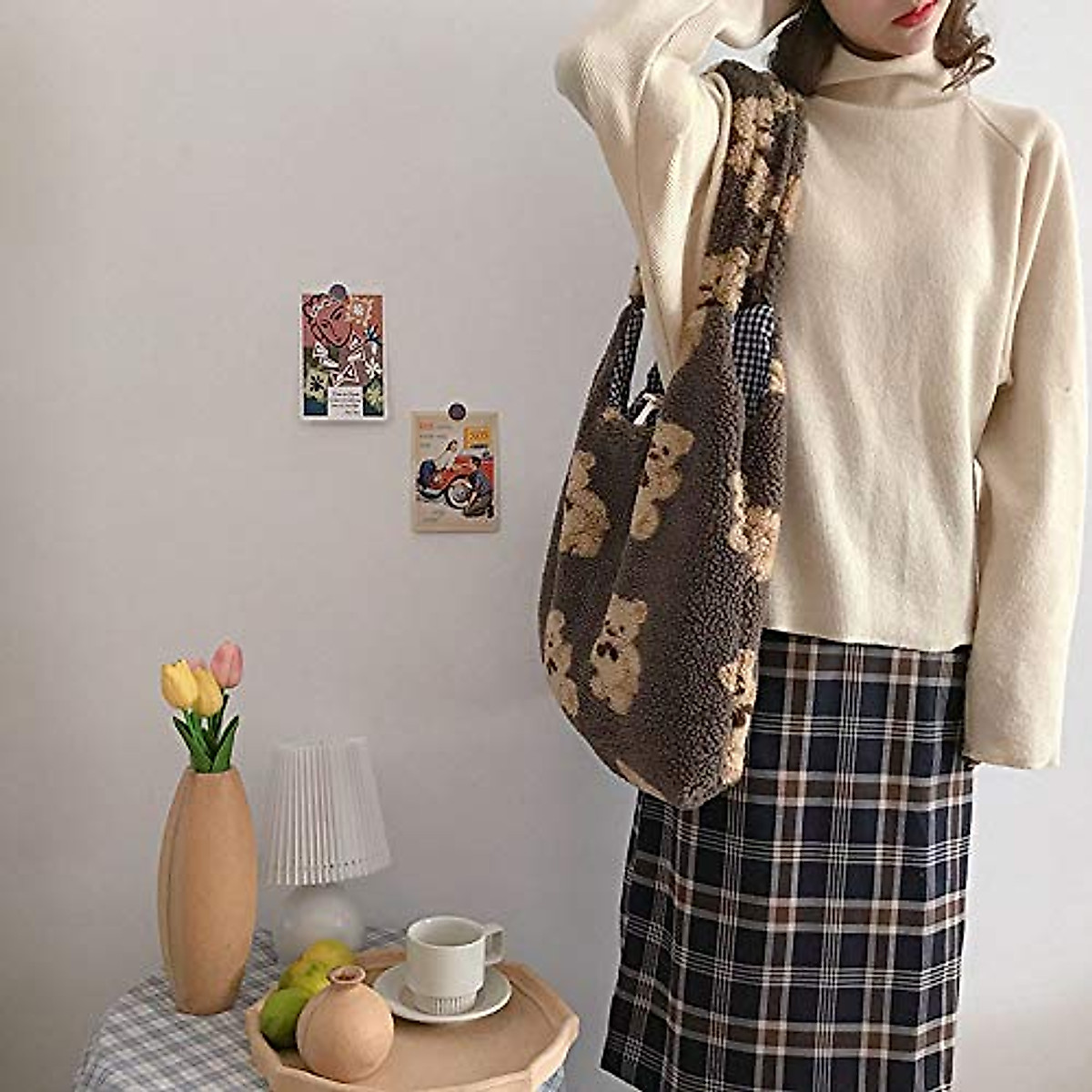 Women Lamb Like Fabric Shoulder Tote Bag Canvas Fluffy Fur Bear Handbags Soft Cute Bag