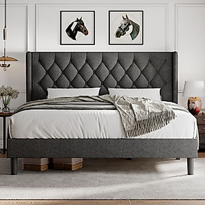 iPormis King Size Platform Bed Frame with Button Tufted Headboard, Upholstered Bed Frame with Solid Wooden Slats, 8" Underbed Space, No Box Spring Needed, Noise Free, Easy Assembly, Dark Gray