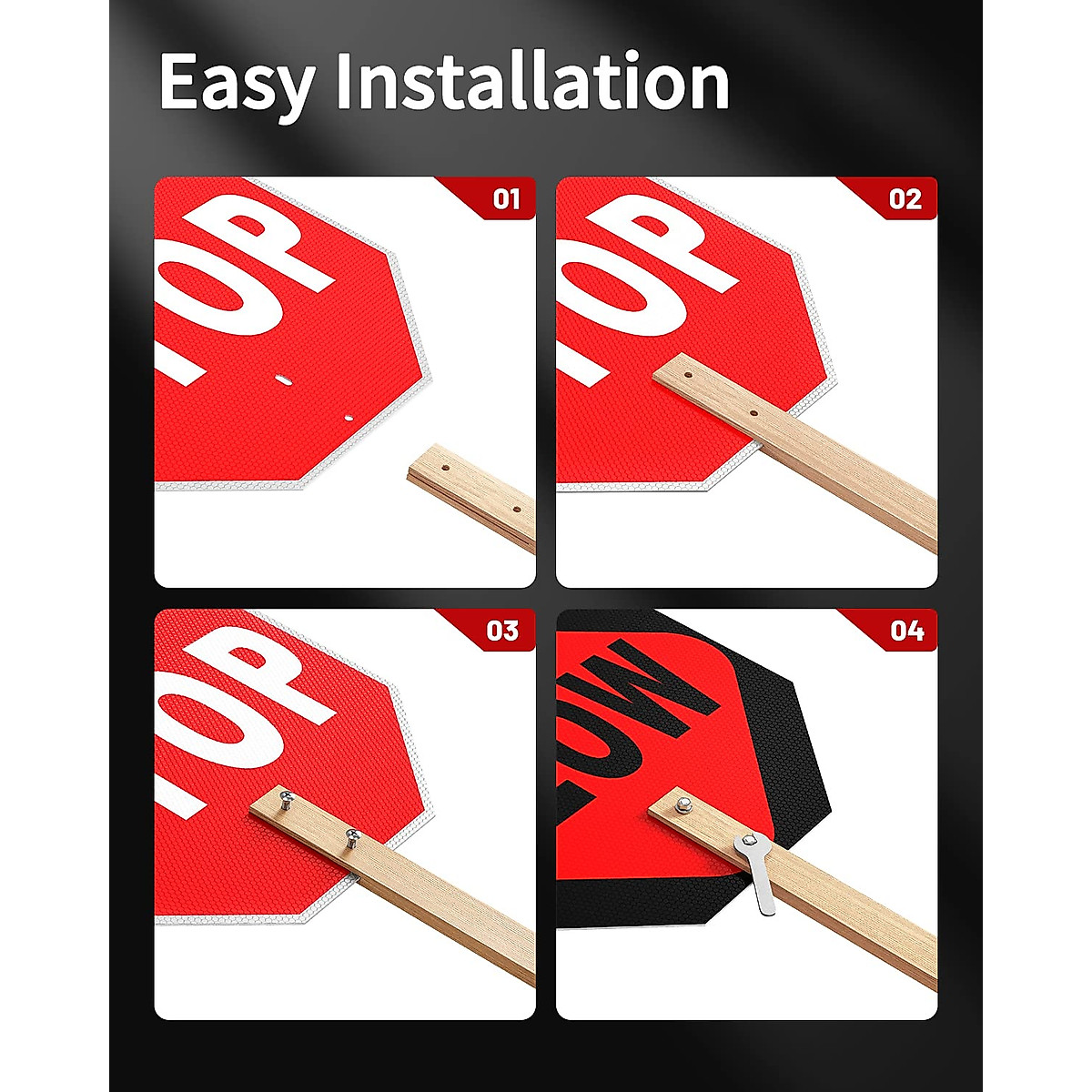 Stop Slow Sign, Double Sided Street Slow Warning Reflective Signs, 13x13in Octagon Rust Free Aluminum, with Bamboo Handle, UV Protected and Waterproof, Weather Resistant, Durable Ink, Easy to Mount