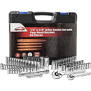 69 Pieces - EPAuto 1/4” & 3/8” Drive Socket Set with Pear Head Ratchet, Chrome (92-824)