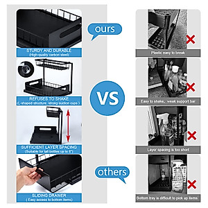 SUTINE Under Sink Organizer, 2 Tier L-Shape Bathroom Organizer Under Sink Organizers and Storage, Sliding Under Cabinet Organizer Storage Shelf for Kitchen Bathroom, Black