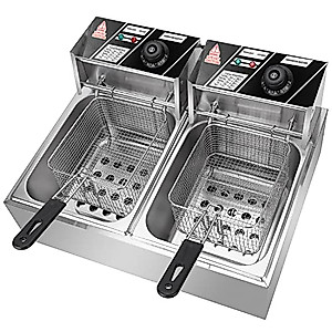 ROVSUN 22.8QT Electric Deep Fryer w/ 2 Baskets & Lids, 21.6L Stainless Steel Commercial Double Fryer, Countertop Kitchen Frying Machine w/ Temperature Control, French Fries Donuts 5000W