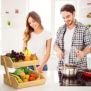 G.a HOMEFAVOR Large Bamboo Fruit Basket, 2-Tier Fruit Bowl for Kitchen Counter, Vegetable Storage Stand for Fruit Shop, 15 mm Thickness (Self-assembly)