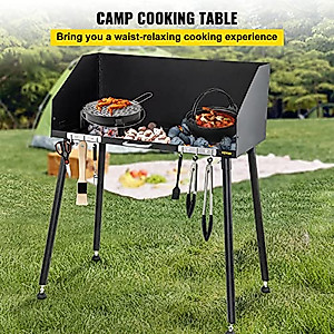 VEVOR Carbon Steel Camp Cooking Table 38 x 16 Inch with Three-Sided Windscreen and Legs for Outdoor Food Preparation and Dutch Oven