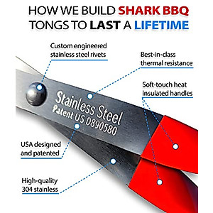Shark BBQ Grilling Tongs: Extra long reach for outdoor grill & kitchen. Best cooking accessories for charcoal, gas grills & smoker. Perfect stainless steel gift for dad. Great for indoor cooking (Red)