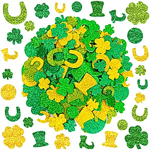 Glitter St Patrick’s Day Foam Stickers Shamrock Clover Shaped Green Gold Self Adhesive Stickers for Kids Irish Party Craft 240Pcs