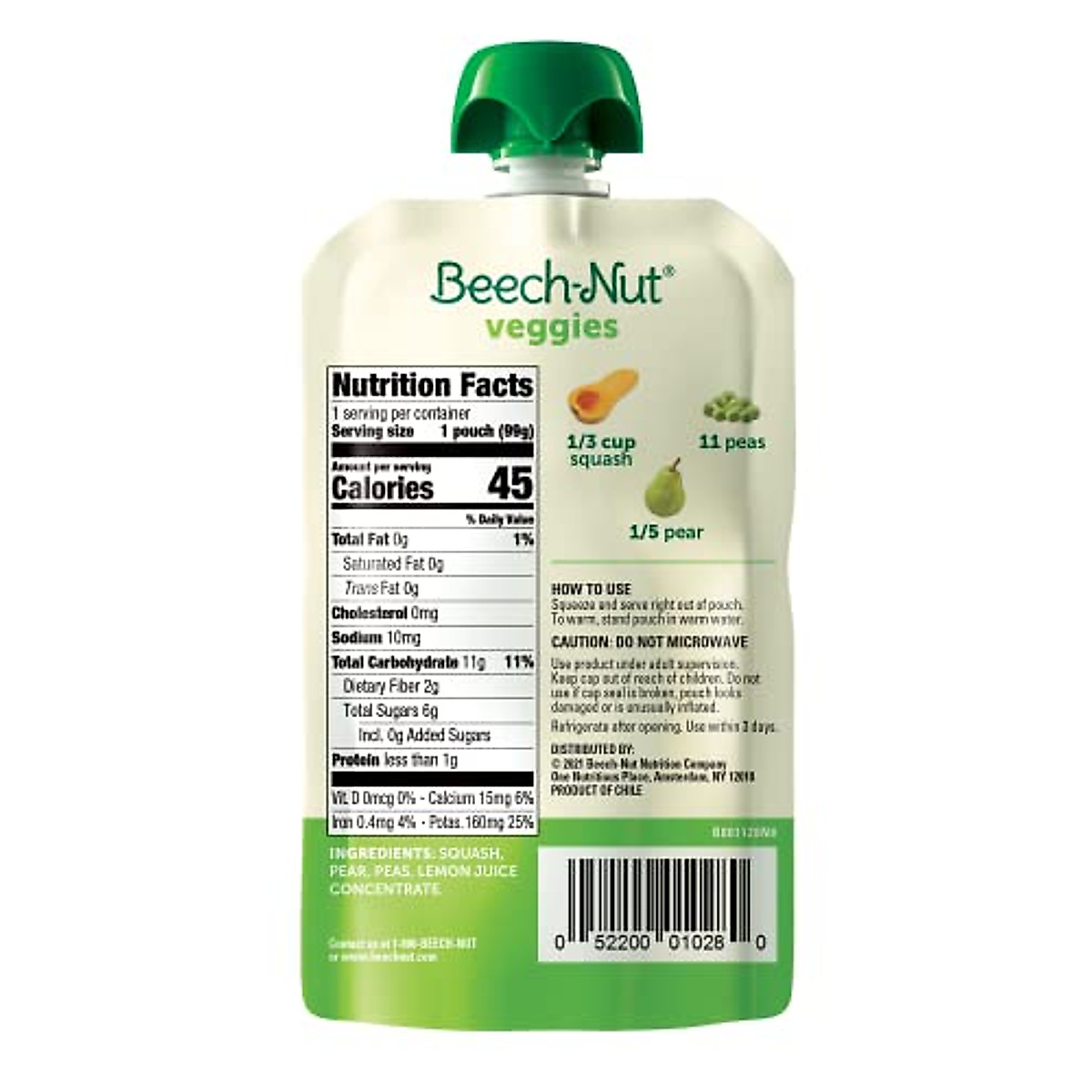 Beech-Nut Veggies Stage 2 Baby Food, Squash Peas & Pears, 3.5 oz Pouch