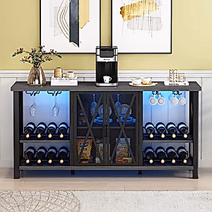 O&K FURNITURE Wine Bar Cabinet for Liquor and Glass with Storage & LED Lights, Rustic Metal Wood Wine Rack Buffet Cabinet, Industrial Coffee Bar Cabinet for Living Room, Home Bar (Grey)