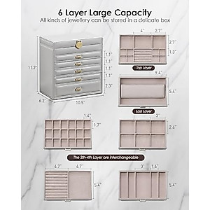 Vlando 6 Tier Large Jewelry Box for Women - Big Jewelry Organizer with Mirror, Jewelry Box Organizer for Drawer Necklace Ring Bracelet and Watch, Gift for Loved Ones Gray