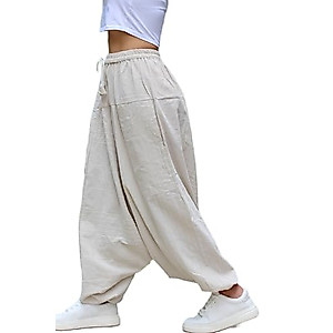Women's Harem Pants 100% Cotton with Pockets,Jute Cotton, Maternity Loose Fit Bohemian Yoga Boho Hippie Colorful Harem Pants, Pure Soft Cotton Casual Fashion Women Travelling(White)