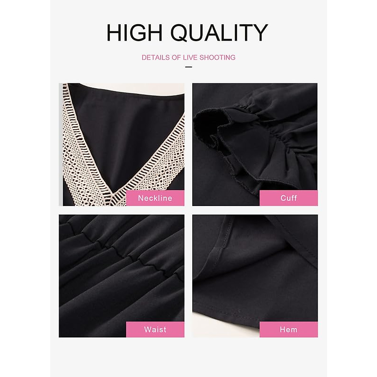 Dokotoo Spring Dresses for Womens 2023 V Neck Lace Trim Black Dresses for Women Puff Long Sleeve Hawaiian Dresses Tassel Belt Elegant Causal midi Dresses for Women Wedding Guest Medium