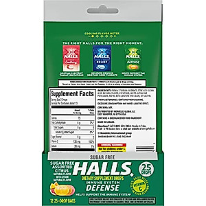 HALLS Defense Assorted Citrus Sugar Free Vitamin C Drops, Dietary Supplement Drops, 12 Bags of 25 Drops (300 Total Drops)