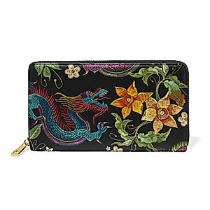 Embroidery Asian Dragons Yellow Flowers Chinese Dragons on Dark Leather Long Wallet Organizer with Zipper Purse Clutch Bag for Women Men