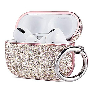 ULAK Compatible with AirPods Pro Case, Glitter AirPods Pro 1st Generation Case for Women Girls Bling Sparkle Leather Shockproof Protective iPods Pro Cover with Keychain for AirPod Pro 2019, Pink