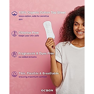 OCBON Ultra Thin Sanitary Pantyliners (Regular, 15.5cm, 40 Counts) - Ultra Thin, Unscented 100% Organic Cotton Panty Liners for Women. Chemical-Free, Extra Soft, Ideal for Sensitive Skin.
