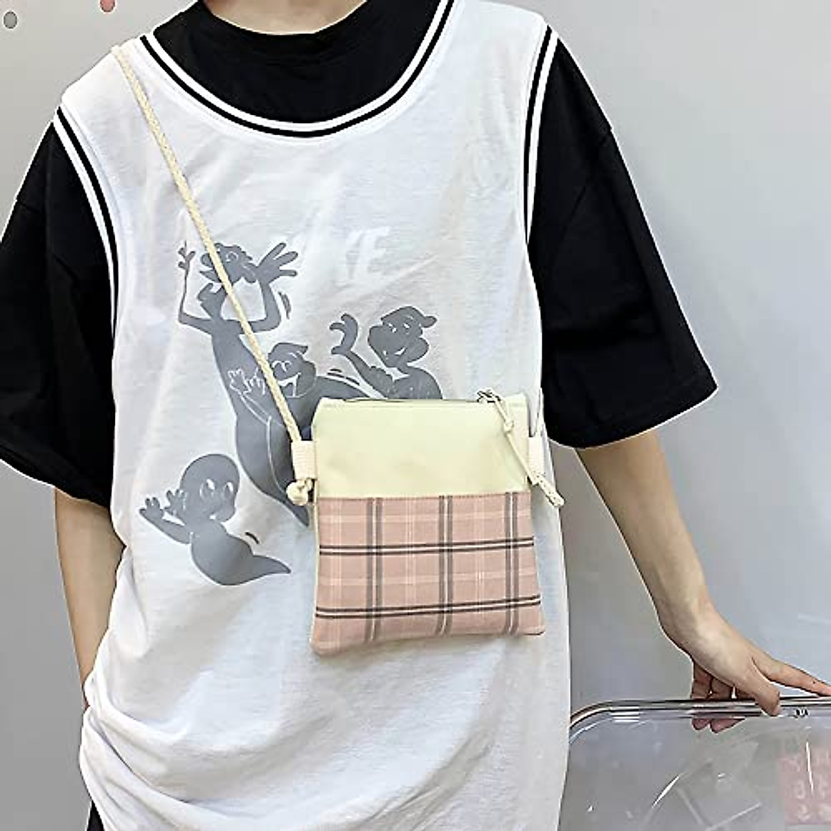 DAHUOJI 5Pcs Kawaii Backpack Set with Badge & Duck Pendant,Japanese Aesthetic Check Bookbag for Girls Cute Plaid School Bags Comes with Tote Bag,Shoulder Bag,Pencil Box,Small Bag(Pink,16in)