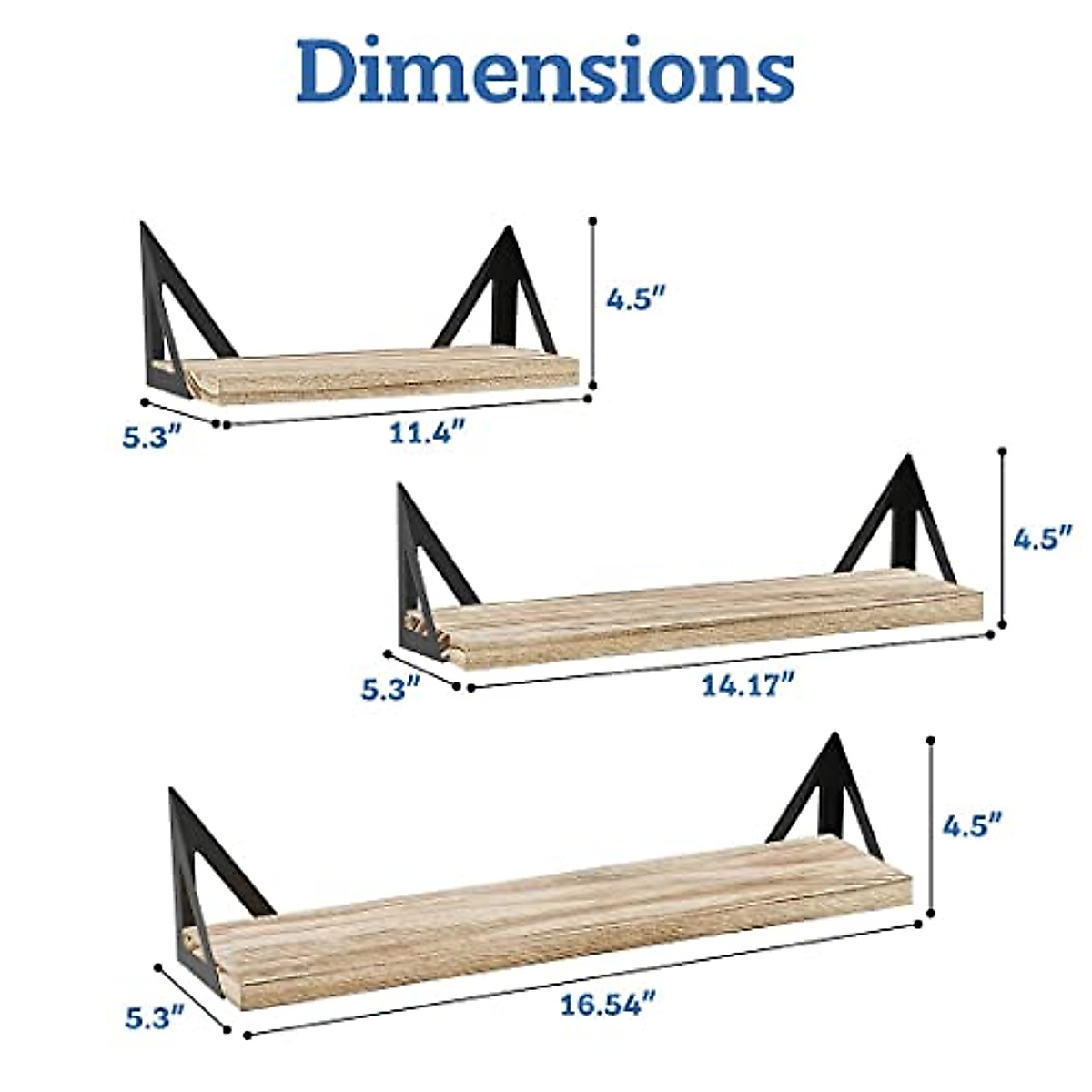 Halter Wall Book Shelves for Bedroom, Small Wall Shelf, Mounted Floating Wall Shelving, Hanging Shelves with Angle Brackets, Wall Shelves for Bedroom, Bathroom, Kitchen, Light Brown,Set of 3