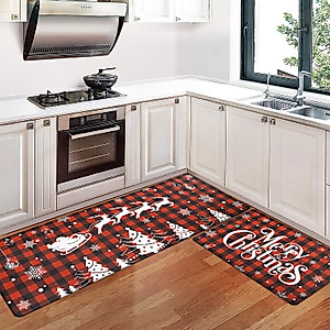Bsmathom Christmas Anti Fatigue Kitchen Mat Set of 2, Waterproof Non-Slip Kitchen Mats and Rugs, Cushioned Buffalo Plaid Kitchen Rugs Comfort Floor Mat for Kitchen, Floor,Office, Sink, Laundry